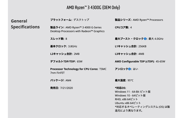 ASCII.jp：AMD、高性能なCPUを備えたデスクトップ向けのAPU「Ryzen 3 4300G」プロセッサーを販売